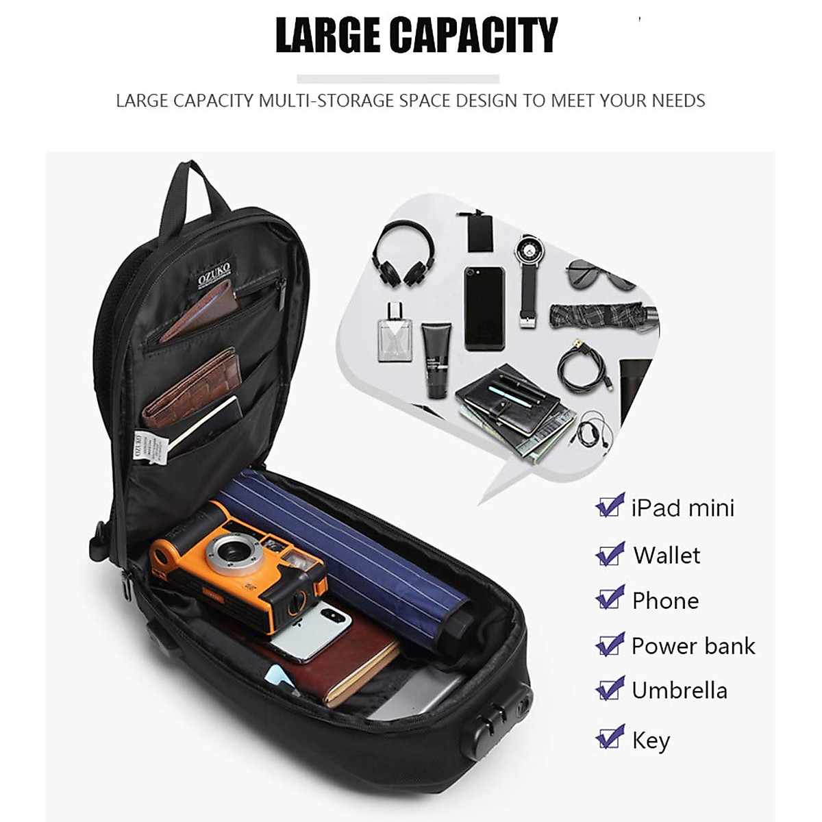 Anti Theft Sling Bag Crossbody Shoulder Bags for Men Waterproof Sling Chest Backpack with USB Charging Port Lightweight Travel Daypack (Black)