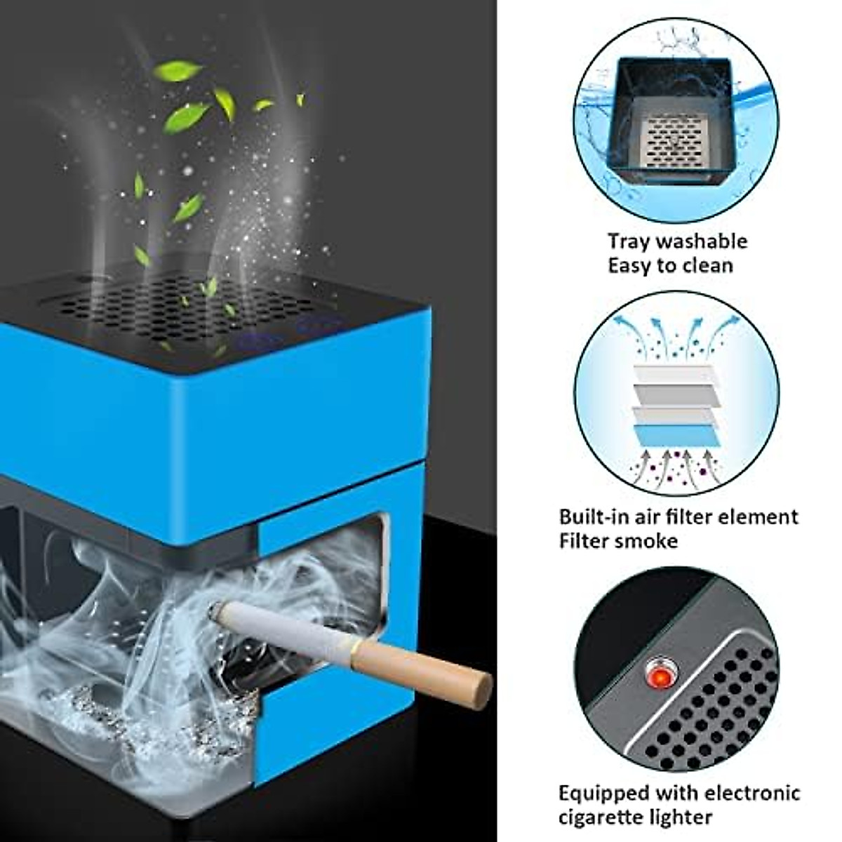 VTAR Ashtray Smokeless with Lighter USB-C Rechargeable Indoor Household or Office Smoke Exhaust Ashtray(Blue)