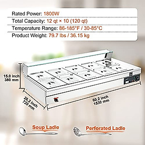 VEVOR 10-Pan Commercial Food Warmer, 10 x 12QT Electric Steam Table with Tempered Glass Cover, 1800W Countertop Stainless Steel Buffet Bain Marie 86-185°F Temp Control for Catering, Restaurant, Silver