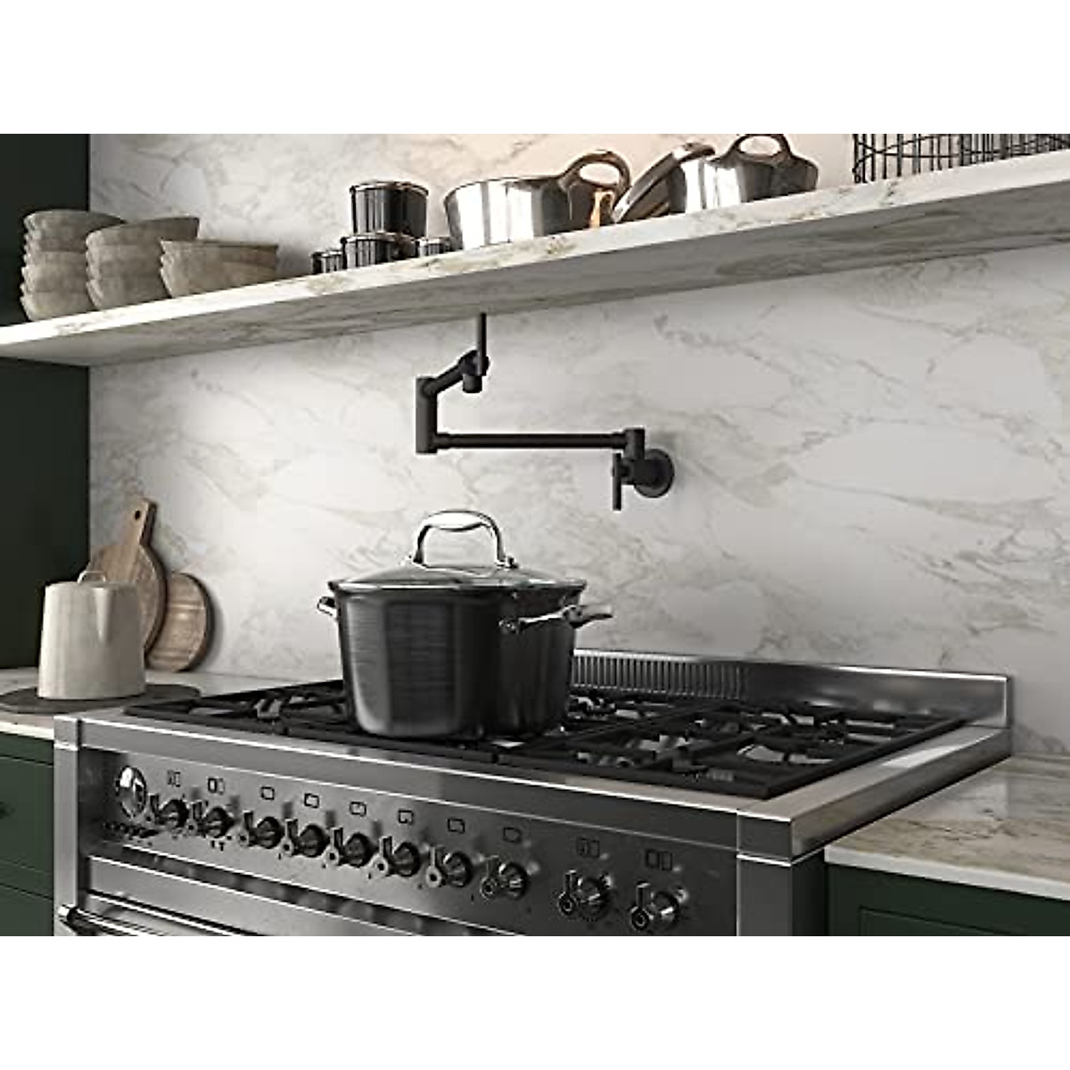 Braccia Series 24" Wall Mounted Pot Filler in Matte Black | 24” Reach Spout Solid Brass Two Handle Dual Shut-Off Valve Double Joint Swing Arm Wall Mount Kitchen Folding Faucet | KF-AZ258BKM