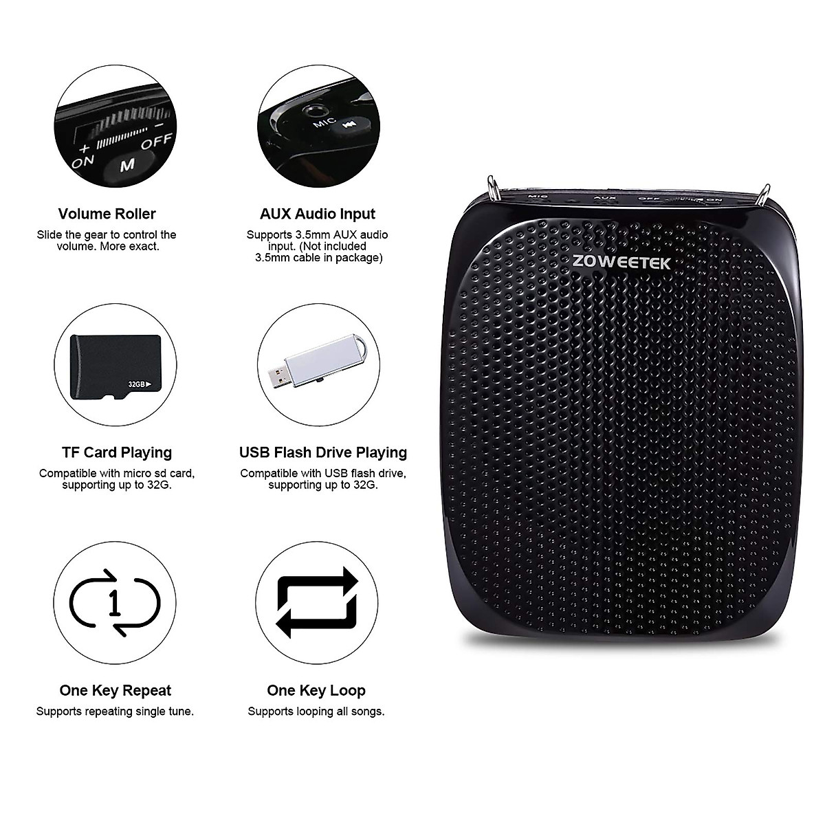 ZOWEETEK ZW-Z258 Portable Rechargeable Mini Voice Amplifier for Teachers with Wired Microphone Headset and Waistband,Supports MP3 Format Audio for Singing,Training,Speech,Tour Guide,Power Amplifiers