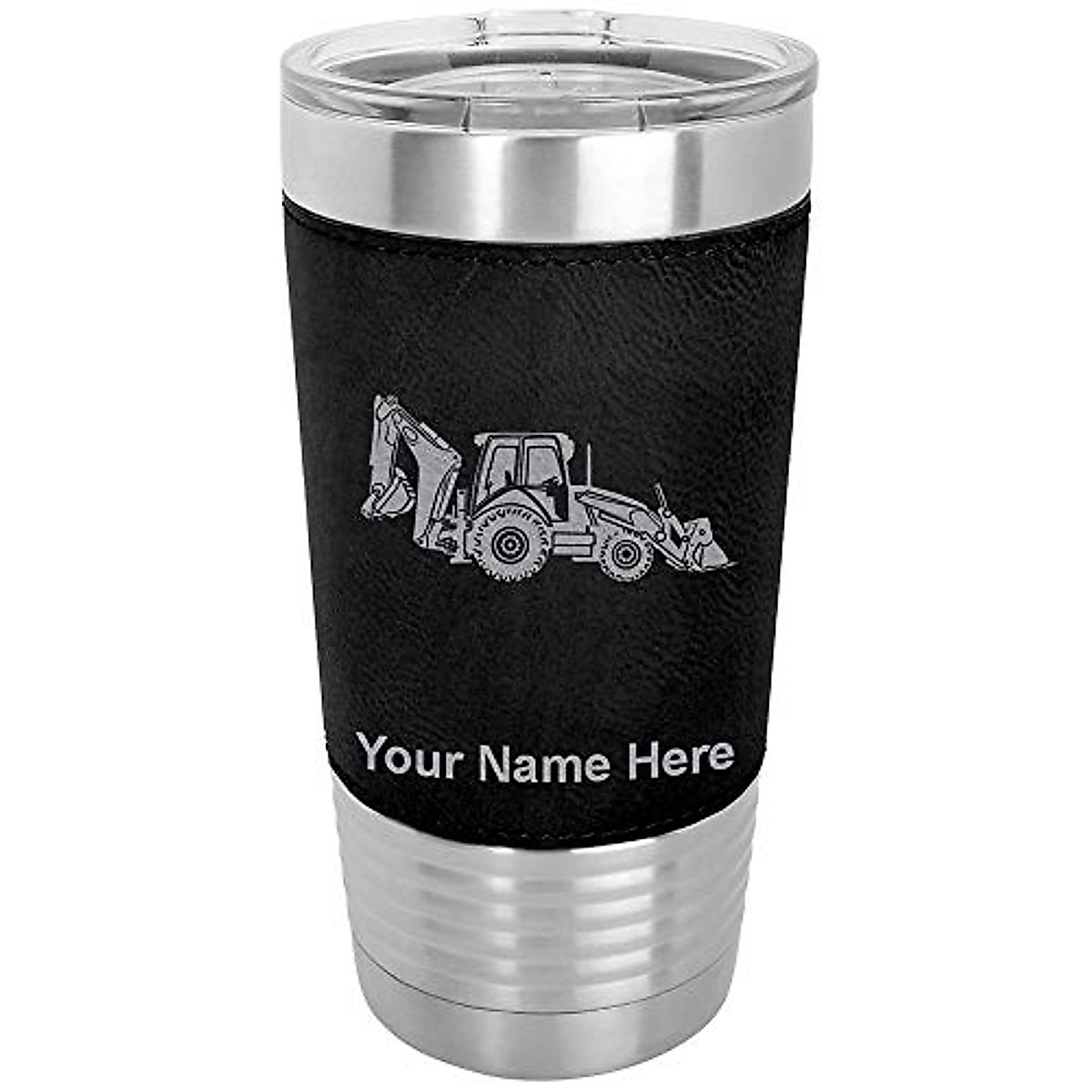 LaserGram 20oz Vacuum Insulated Tumbler Mug, Backhoe Loader, Personalized Engraving Included (Faux Leather, Black)