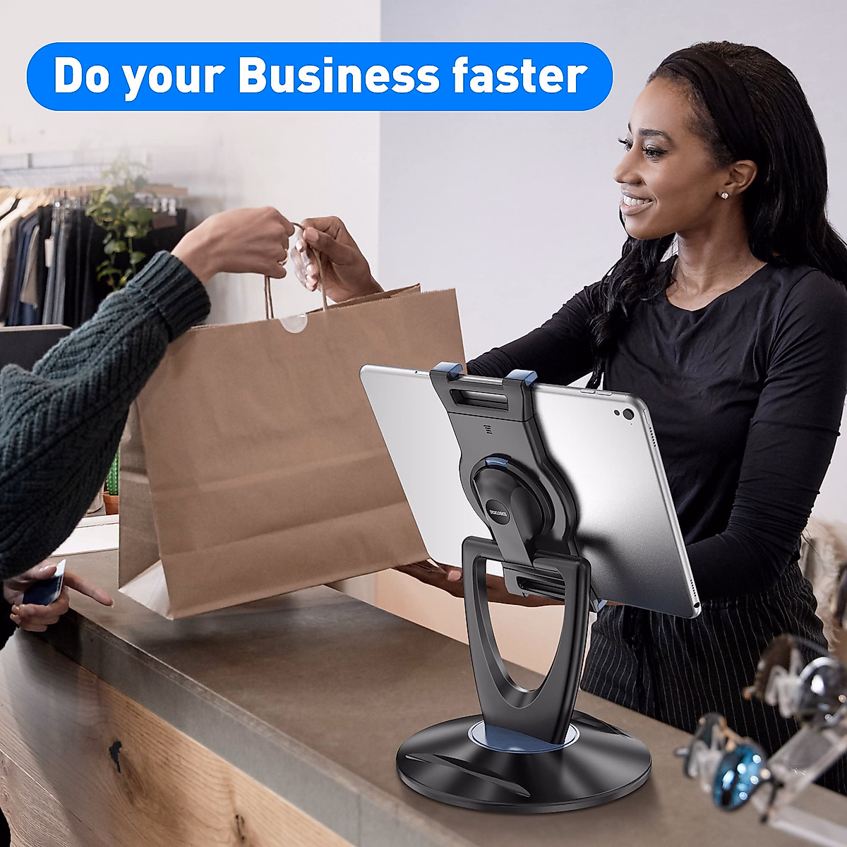 DeskLogics iPad Tablet Stand Holder for Desk - 6 inch to 13 inch - Stable, Adjustable - 360° Swivel Angle Pen Phone iPad Stand for Store, Retail Kiosk, Reception, Home Office, Gift Ideas - Black