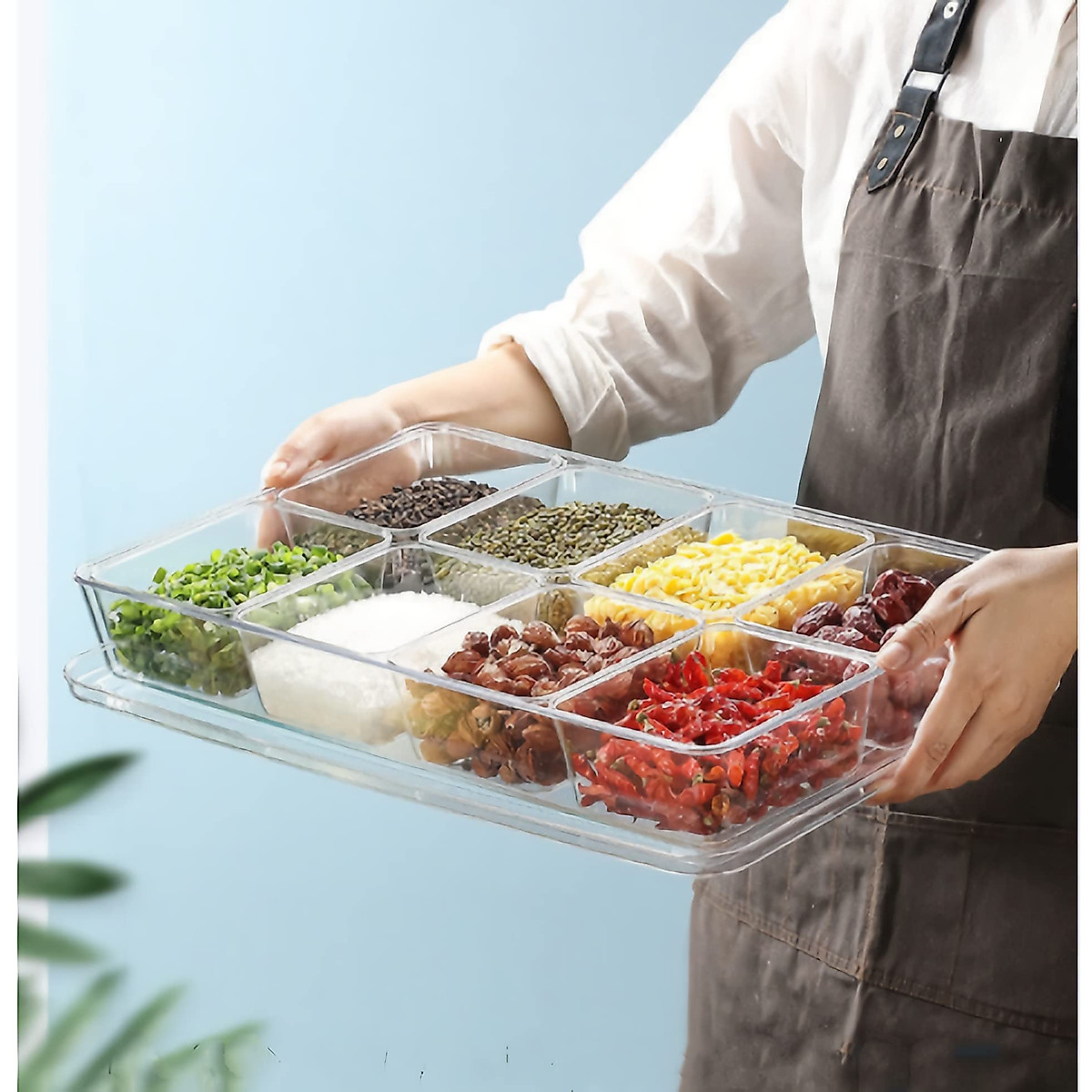 Divided Veggie Tray with Lid, 8 Compartment Vegetable Storage Square Appetizer Relish Serving Platter, Food Fruit Snack Containers with 8 Spoons for Refrigerator Organizer Bins