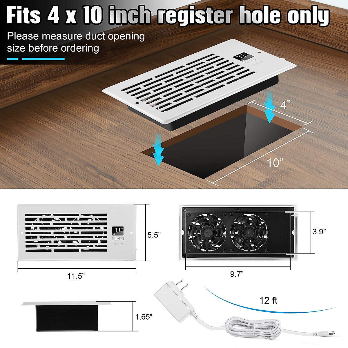 Feekoon Quiet Vent Fan Booster, 4" x 10" Smart Register Booster Fan with Fan Booster and Thermostat Control, AC Vent Booster Fan, Heating Cooling AC Vent, Increase Airstream from Registers (1 Pcs)