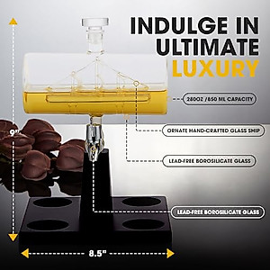 Berkware Ship In A Bottle Liquor Dispenser - 34 oz Crystal Whiskey Decanter Set with Tray with 4 Globe Glasses for Scotch, Vodka, Gin, Rum, Tequila, Cognac, Bourbon