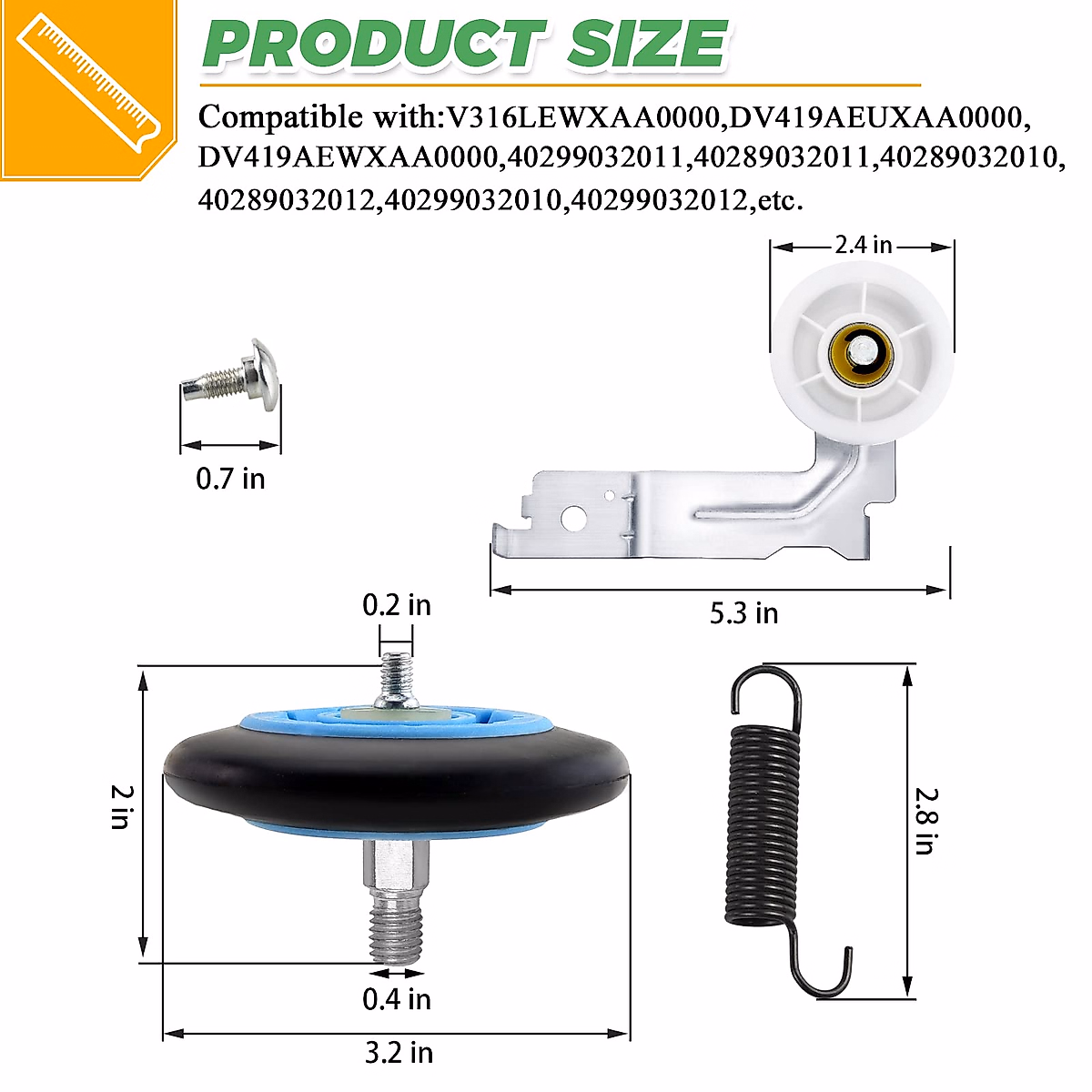 Dryer Repair Kit Fit for Samsung DV42H5000EW/A3 DV45H7000EW/A2 DV48H7400EW/A2 DV42H5200EP/A3 DV40J3000EW/A2, Includes DC97-16782A Samsung Dryer Roller, 6602-001655 Dryer Belt, DC93-00634A Idler Pulley