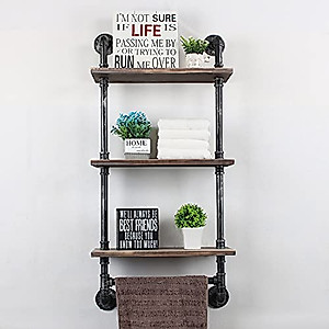 Murtain Industrial Pipe Bathroom Shelves 3-Tier Wall Mounted,19.7 inch Rustic Wall Shelf with Bath Towel Bars,Farmhouse Towel Rack,Metal & Wooden Floating Shelves,Over The Toilet Storage Shelf