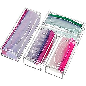 FEMELI Food Bag Storage Organizer, Acrylic Kitchen Drawer Baggie Box, Compatible with Gallon, Slider Quart, Freezer, Sandwich, Snack, Variety Size Bags, 4 separate Pack(Clear)