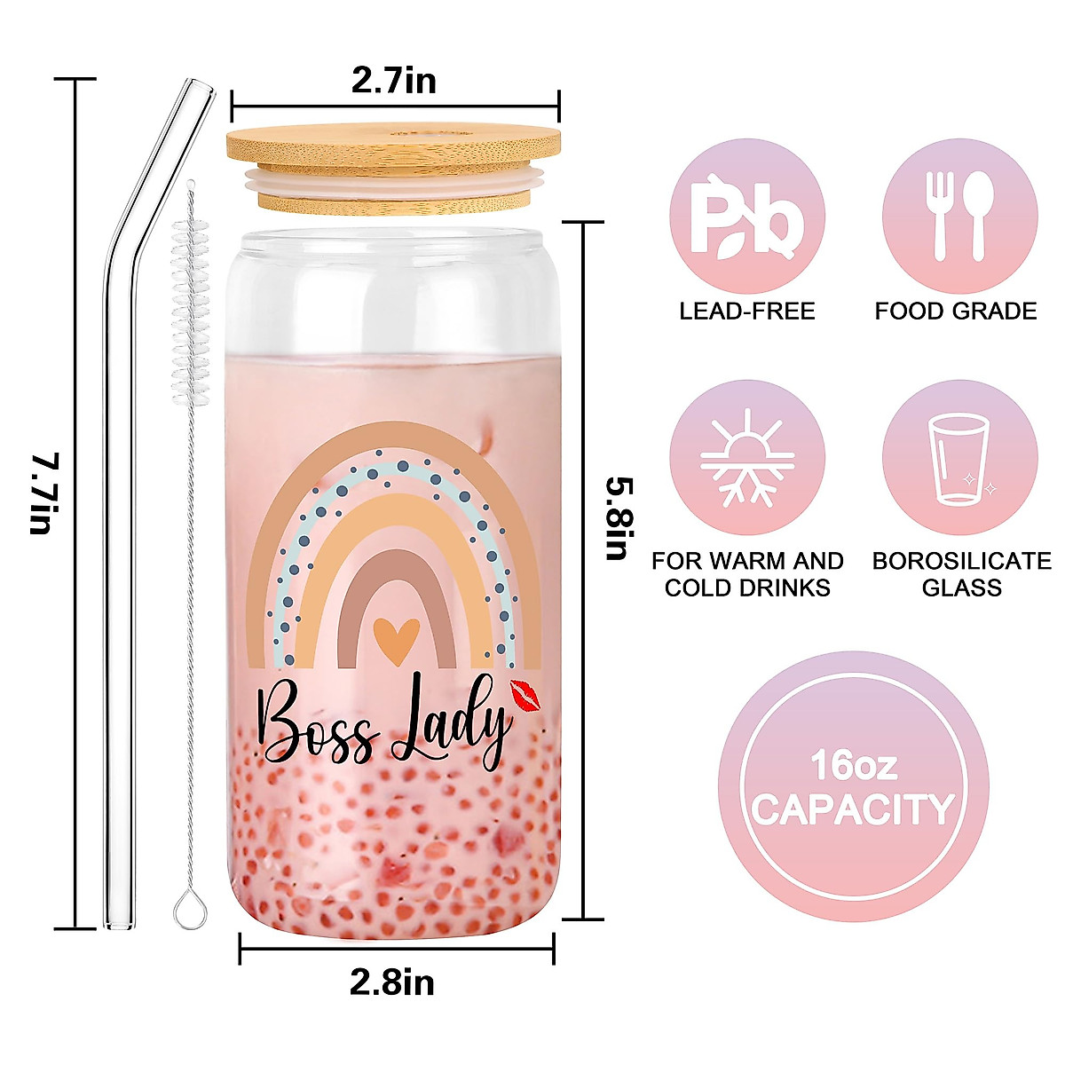 JoycuFF Boss Lady Gifts for Women Best Boss Gifts for Women Inspiration Boss Lady Gifts Set for Female Birthday Retirement Boss's Day Christmas Gifts for Boss Lady 16oz Glass Cup