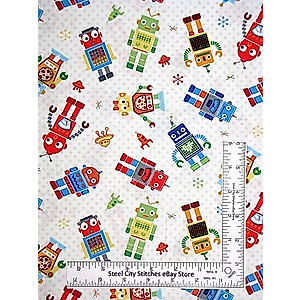 FlashPhoenix Quality Sewing Fabric – Robot Fabric Multi Color Rocket Robots White 100% Cotton Size; 1.6 Yard
