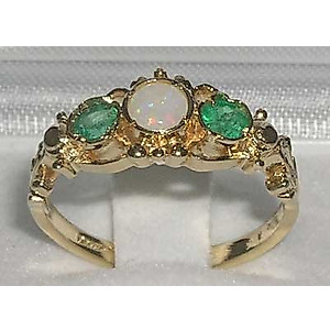 LetsBuyGold 10k Yellow Gold Real Genuine Opal & Emerald Womens Band Ring - Size 7