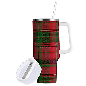 40 Oz Red Green Grid Tumbler Cups with Handle and Straw, Insulated Vacuum Tumbler