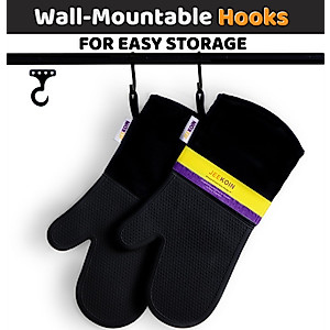 JEEKOIN Professional Oven Mitts Flexible and Durable, Honeycomb Silicone Oven Mitt Heat Resistant 581, Extra Long Cooking Protection BBQ Gloves, Non-Slip Pot Holders, BPA-Free, 14 Inch 1 Pair, Black