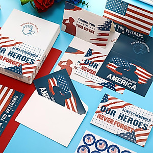 Seajan 200 Pcs Patriotic Thank You Cards with Envelopes, Blue White Red, American Flag Patterns, Ideal for Veterans Day, Memorial Party, Sticker Included