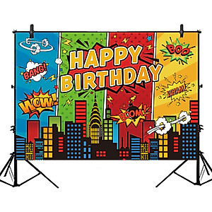 7x5ft Superhero Theme Backdrop for Children Boys Super Heros Comic Skyline Happy Birthday Party Supplies Decoration Baby Shower Backdrop Hero City Banner Decor Photography Backdrop
