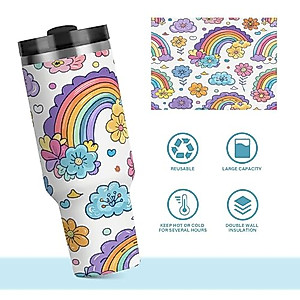 FRCSDIY Rainbow Flowers Insulated Tumbler with Handle and Straw Lid,40oz Leakproof Stainless Steel Cup BPA-Free Water Bottle