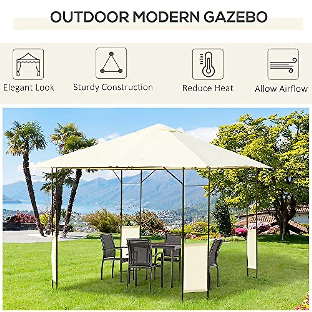 Outsunny 10' x 10' Patio Gazebo, Outdoor Gazebo Modern Canopy Shelter with Vents Roof and Steel Decorative Columns, for Garden, Lawn, Backyard and Deck