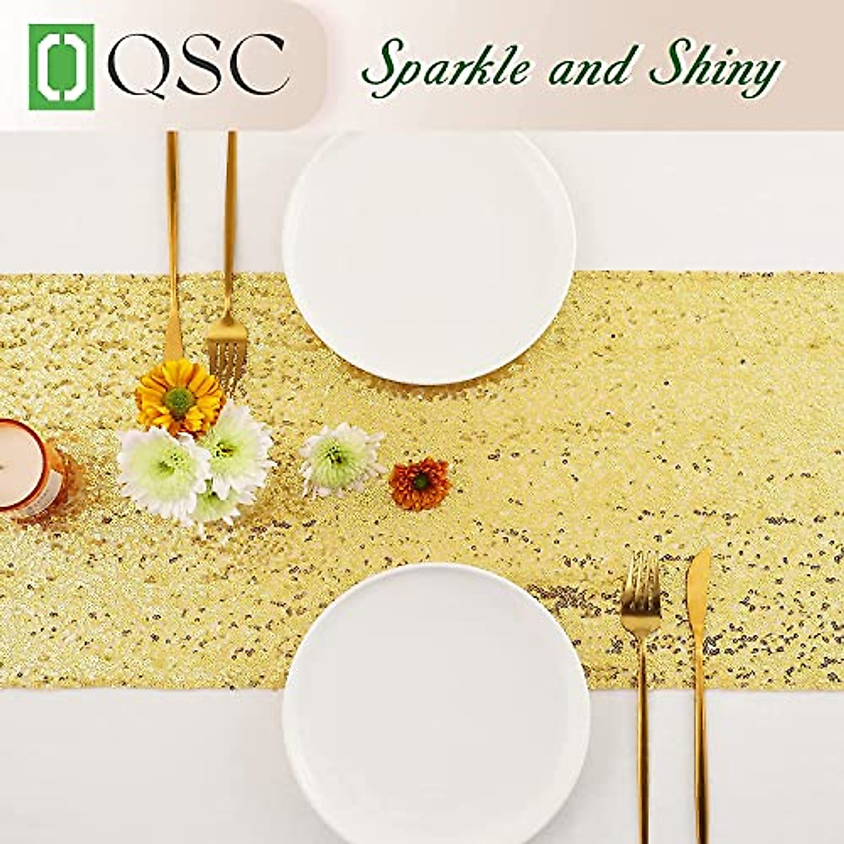 OQSC Gold Table Runners - Sequin Table Runner Glitter Table Runner for Birthday Party Supplies, 10 Pcs, Gold