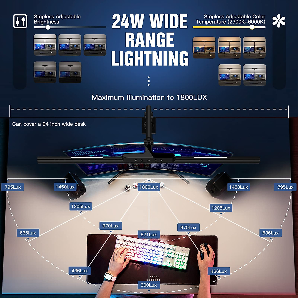 OOWOLF CRI 95 LED Task Lamp with Clamp, 24W Super Bright Desk Lamp, 168 Pcs SMD LED, Metal 32" Wide Lamp, Stepless Brightness Dimmable, Task LED Light for Home Office, Workbench, Architect, Eye-Caring