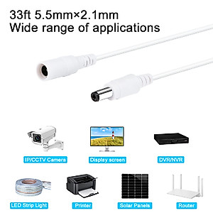 WILDHD DC Power Extension Cable 33ft 2.1mm x 5.5mm Compatible with 12v Power Adapter Extension Cable for CCTV Security Camera IP WiFi Camera Standalone DVR (33ft,5.5mm Plug, White)