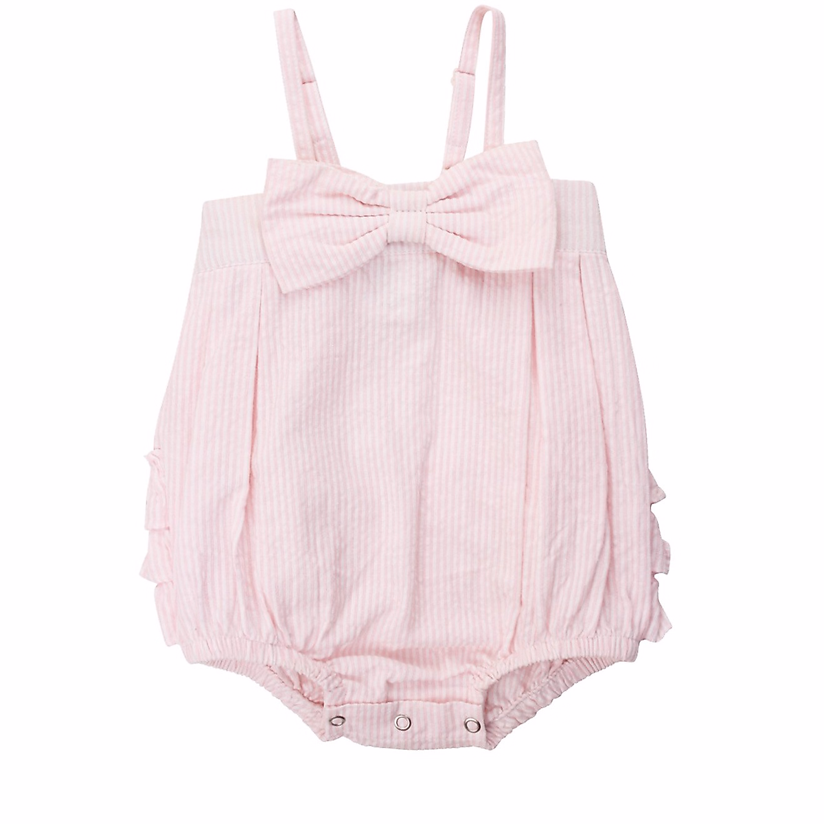 RuffleButts® Baby/Toddler Girls Pink Striped Seersucker Bubble Romper w/Bow - 3-6m