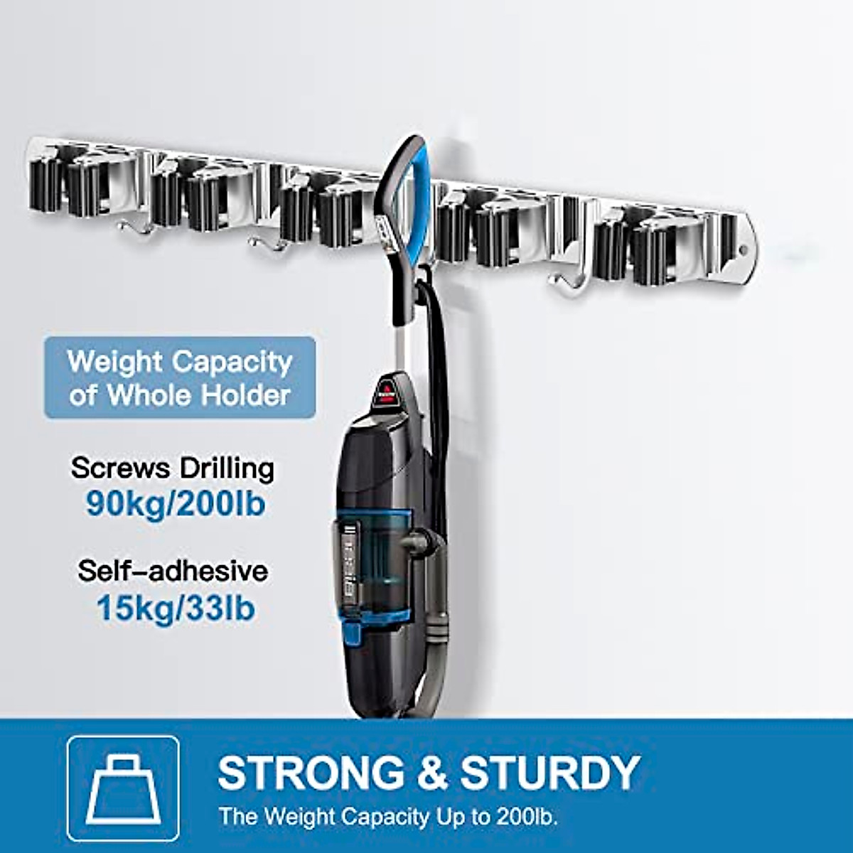 IMILLET 2 Pack Broom Holder Wall Mount, Broom Holder Stainless Steel 5 Racks with 4 Hooks Broom Organizer Wall Mount Self Adhesive Laundry Room Organization Heavy Duty Garage Organization Storage