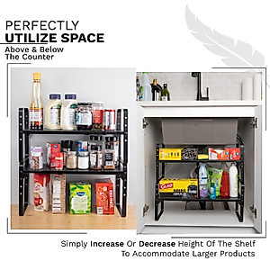 Expandable Kitchen Cabinet Shelf Organizers - Adjustable Height & Width Shelf Riser - Stackable Shelves - Pantry Shelf Organizer Rack - Cupboard Cabinet Storage Shelf Rack - Countertop Organizer
