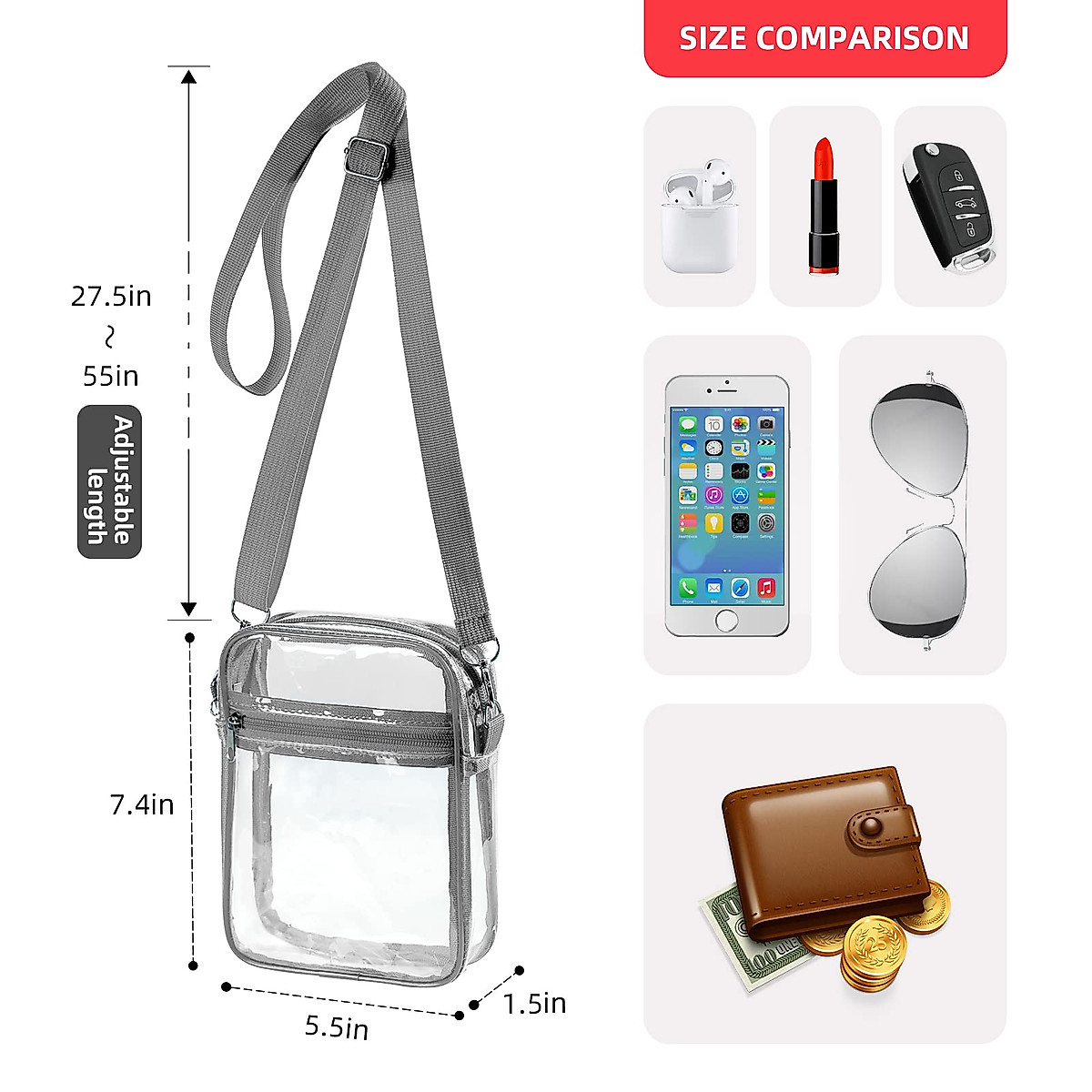 WJCD Clear Bag For Stadium Events PVC Concert Clear Tote Bag Stadium Approved For Women Clear Stadium Bag,with Front Pocket (Grey)