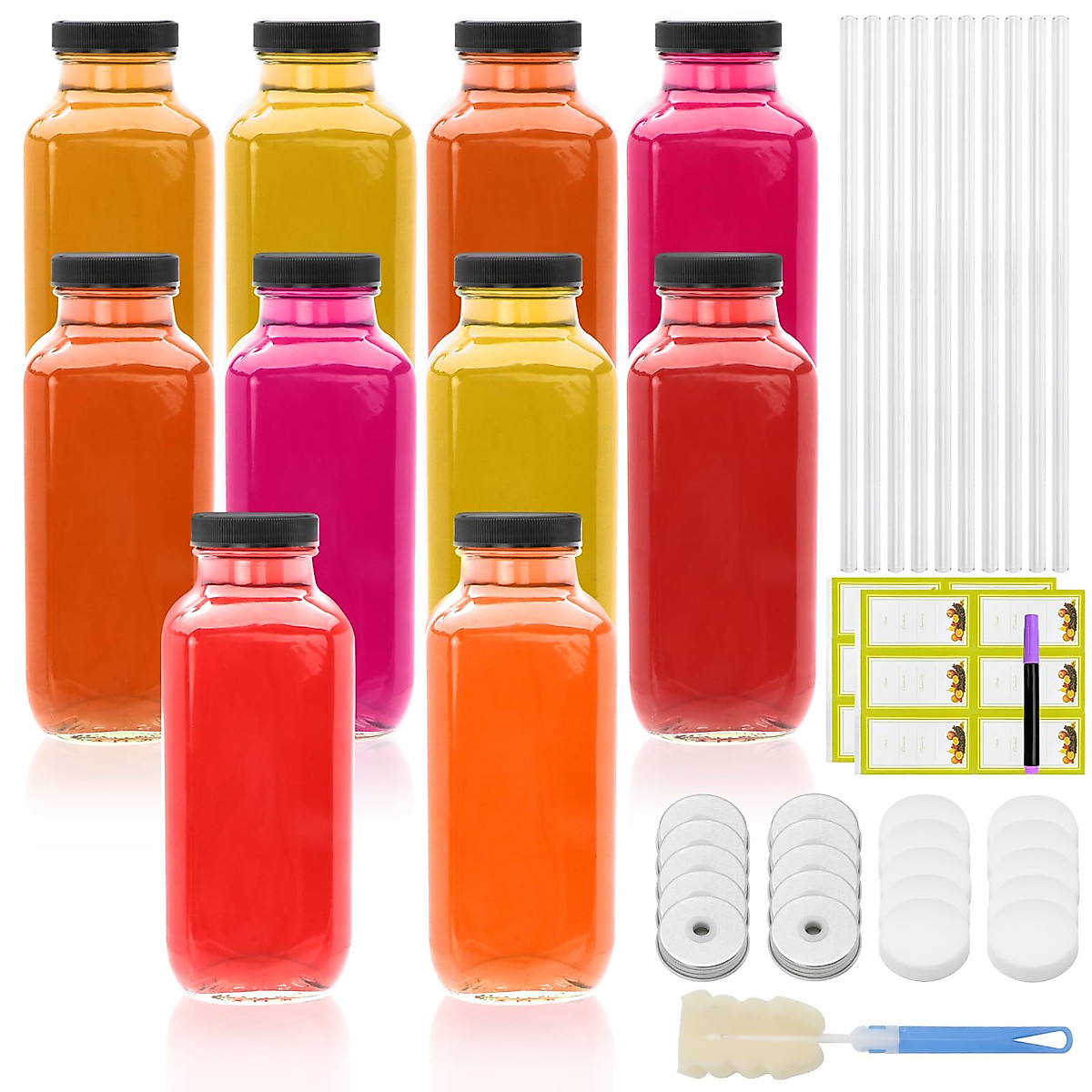Encheng Glass Juice Bottles with Lids 16oz,Sqaure Juicing Bottles Reusable Glass Drinking Jars Set of 10,Empty 500ml Juice Containers Glass Bottles for Juice,Smoothies,Water,Kombucha