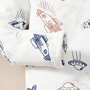 DEFAHN Side Snap Bodysuit Baby Kimono Onsies with Mitten-Cuffs 3-Pack Cotton Basic Pattern Boy Girl Kimono Bodysuits (Blue/Rocket/Planet Long Sleeve, Newborn)