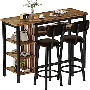 DKLGG 47" Bar Table and Chair Set, Small Kitchen Counter Dining Table Set for 2, 3 Piece Bar Height Table with 2 Stools & Storage, Pub Table Dining Set for Breakfast Nook, Small Space