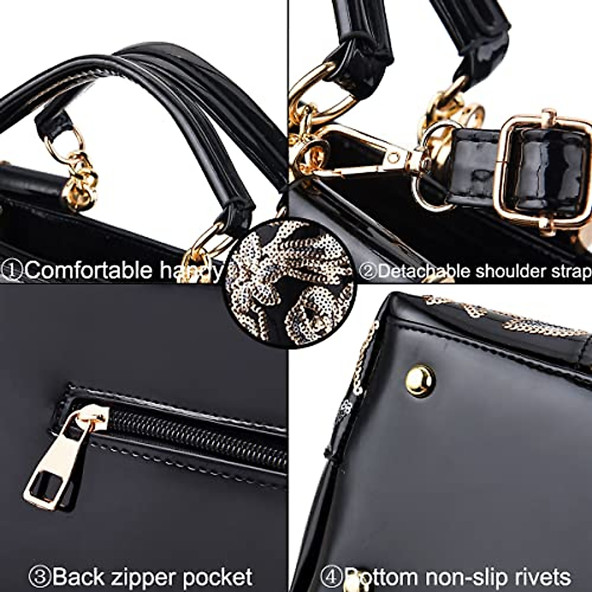 XingChen Shiny Patent Women PU Leather Handbags Embroidery Shoulder Bags Fashion Satchel Purses Top Handle Bags(Black)
