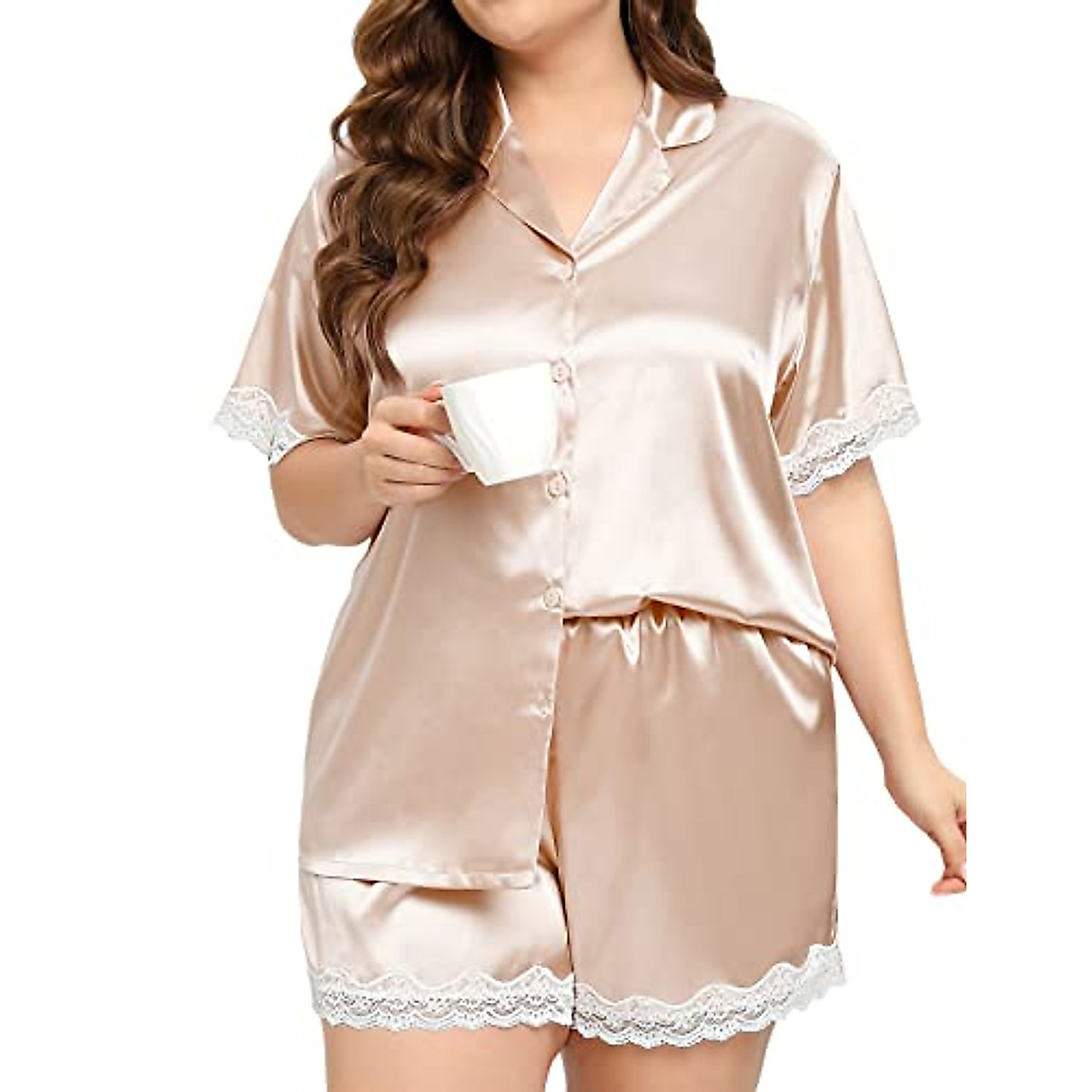 SWOMOG Satin Plus Size Pajama Women Short Sleeve Loungwear Two Piece Sleepwear Silk Satin Pajamas Set Comfy Pjs with Lace Trim Champagne