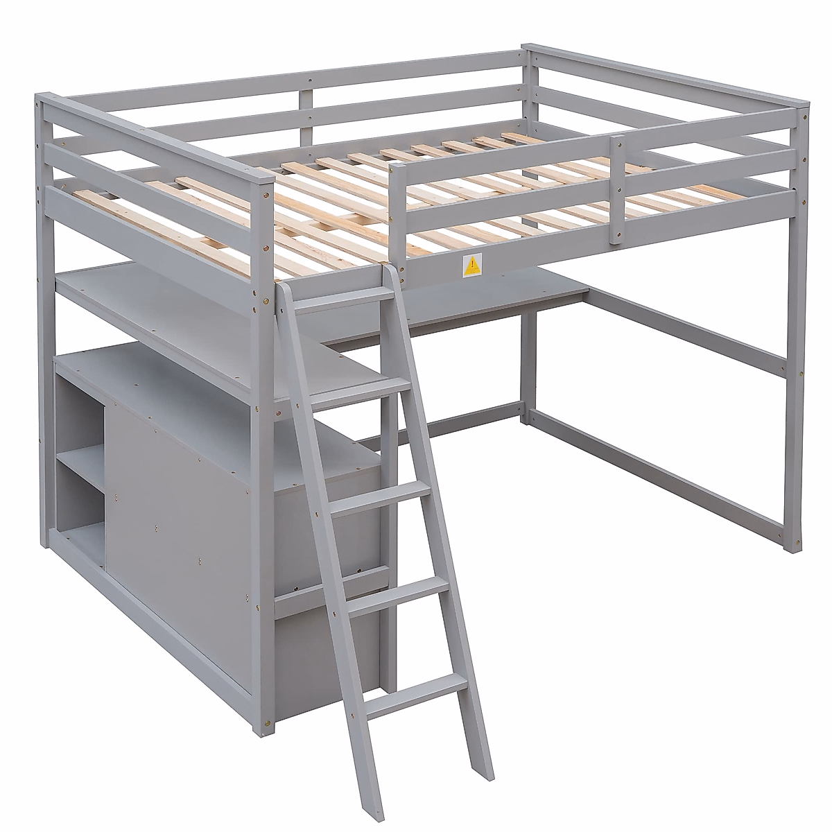 BIADNBZ Full Size Loft Bed with Long Desk, Two Drawers and Shelves Storage, Wooden Versatile LoftBed Frame for Teens Adults Bedroom Apartment, Gray