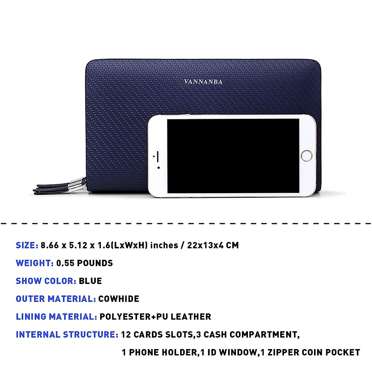 VANNANBA Clutch Purses Wristlet Wallets Large Leather Designer Double Zipper Long Hangbags Business Travel Clutch Phone Holder,Gift for Mens Father Son Husband Boyfriend(Blue)