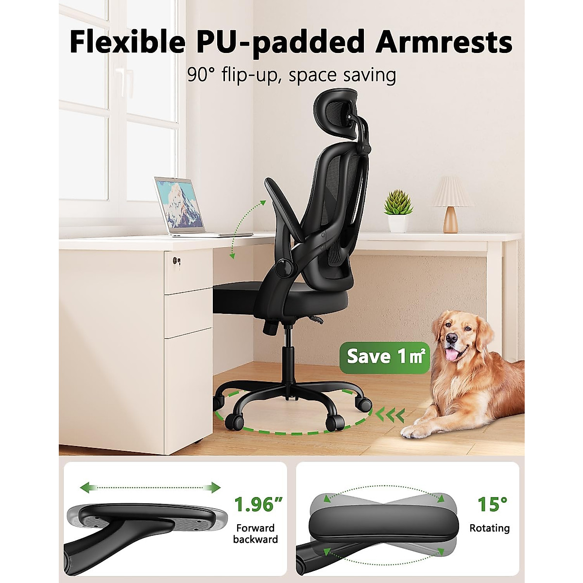 Kensaker Home Office Chair, High Back Ergonomic Desk Chair with 3D Armrests, Lumbar Support, Mesh Computer Chair with Adjustable Headrest, for Home, Office, Work, Student