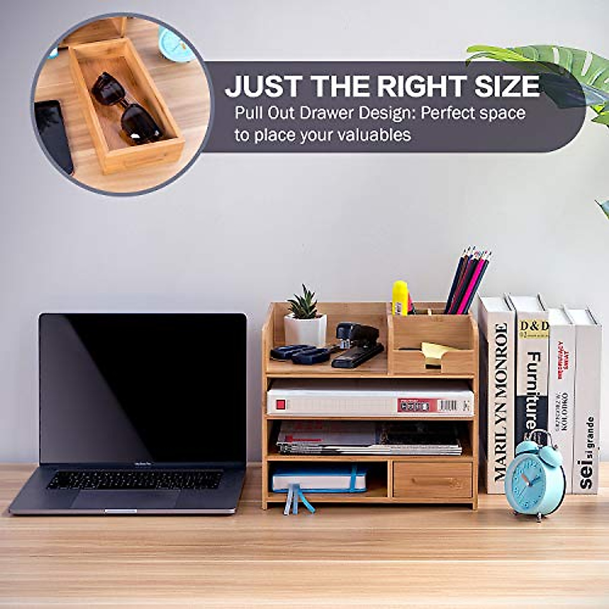 Bamboo Desktop Organizer | Home Office Bamboo Desk Drawer Organizer - 4 Tier Durable Wood Table Top Storage for Pencils, Notepads, Documents & Office Supplies