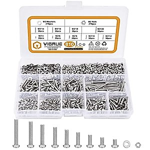VIGRUE 810Pcs M3 x 4/6/8/10/12/14/16/18/20 mm Screw Assortment Kit 304 Stainless Steel Phillips Pan Head Machine Screws Bolts Nuts Lock Flat Washers with Storage Box