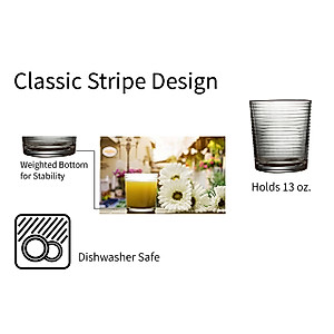 Palais Glassware Striped Collection; Striped Clear Glass Set of 4 DOF 13 Ounce Glasses, Classic Drinking Glass