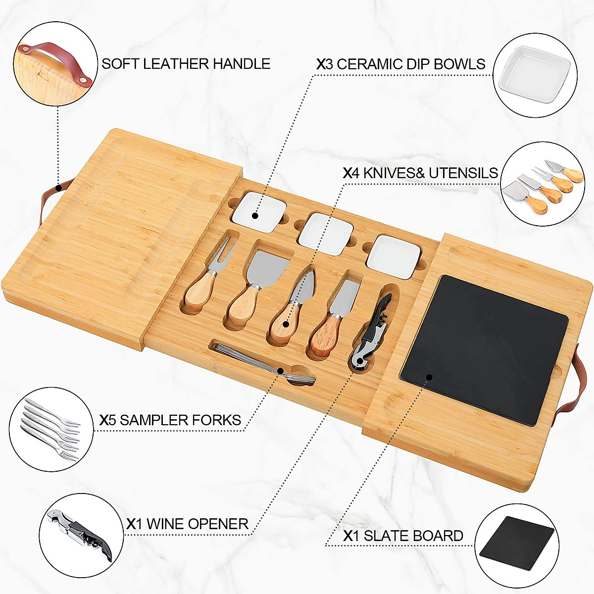 Charcuterie Boards Bamboo Cheese Board - Cheese Tray & Serving Board, Charcuterie Board Set with Cutlery & Knife Set, Cheese Platter& Cheese Boards for Wedding, New Home Housewarming, Birthday Gifts…