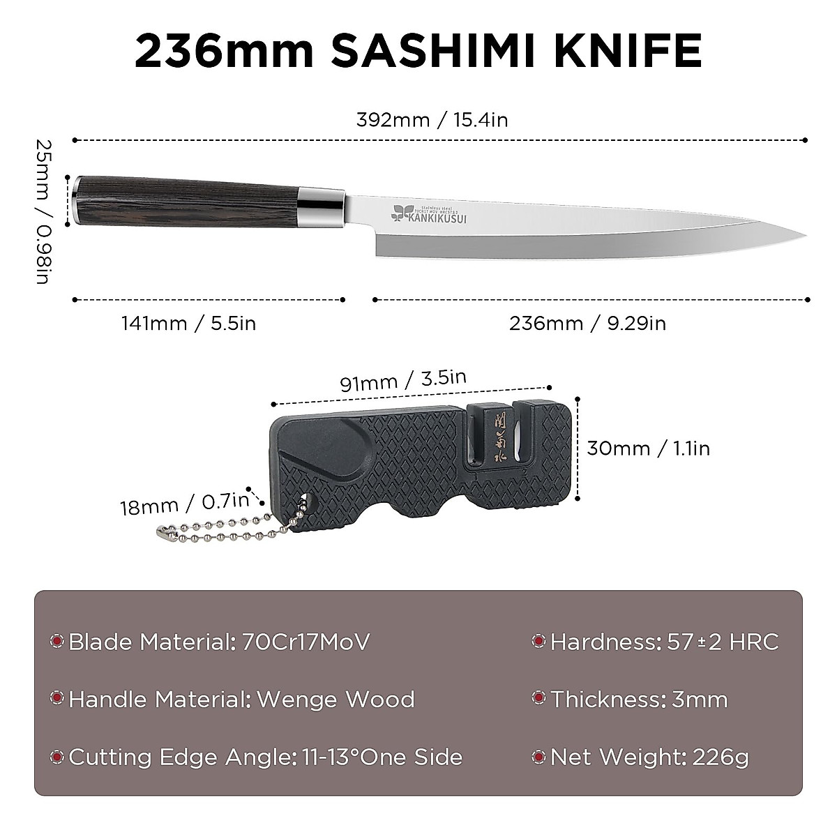 KANKIKUSUI Sashimi Knife, 9.3" Sushi Knife Set with Sharpener/Gift Box, HC70cr17mov Yanagiba Knife