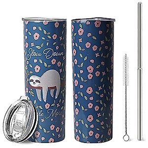 HOMEKOWN 20oz Slow the Sloth Tumbler Stainless Steel Cup Vacuum Insulated Travel Coffee Mug with Splash-Proof Lid Metal Straw