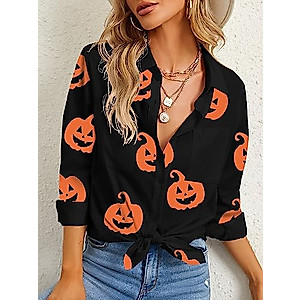 Nulibenna Halloween Button Down Shirts Tops for Women Long Sleeve Pumpkin Graphic Print Blouses