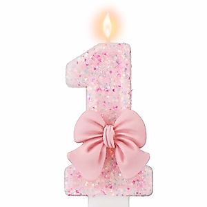 Pink Number 1 Birthday Candle, Girl 1st ​Birthday Party Pink Theme Decorations Supplies, 3D Bow Designed Glitter Pink Number Candles for Birthday Cake Topper Decorations (1 Candle Pink)