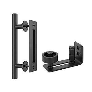 HomLxclx 12" Sliding Barn Door Handle Pull and Flush Hardware Set & Barn Door Floor Guide 8 in 1 Adjustable Roller, Easy to Install, Black