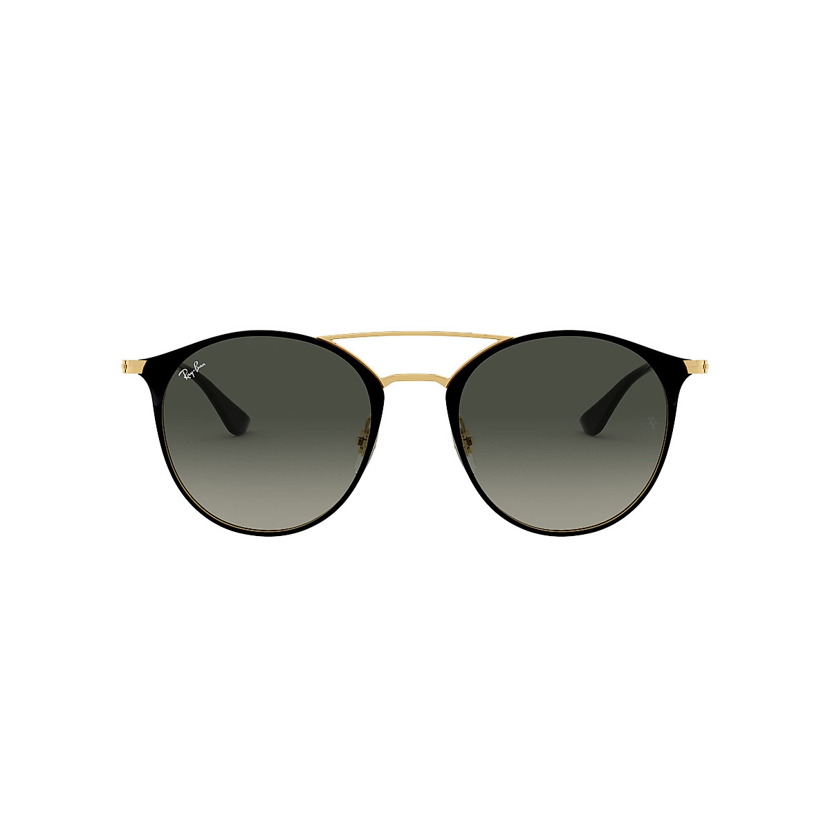 Ray-Ban RB3546 Round Sunglasses, Black On Gold/Light Grey Gradient Dark Grey, 52 mm