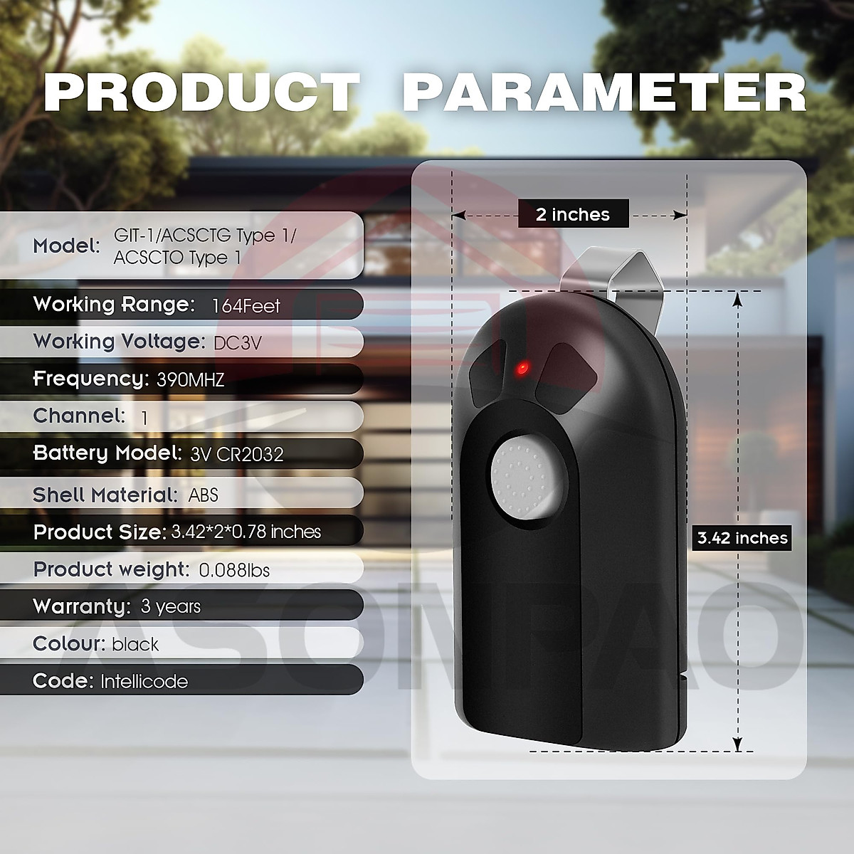 2 X GIT-1 ACSCTG Type1 ACSCTO Type 1 Intellicode Genie&Overhead Door Garage Door Opener Remote Replacement, 390MHZ (2Pack) 3-Year-Warranty