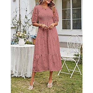 MEROKEETY Women's 2025 Summer Cute Bubble Sleeve Shirred Bohemian Dress Flowy Pleated Midi Long Dresses,Tearose,L