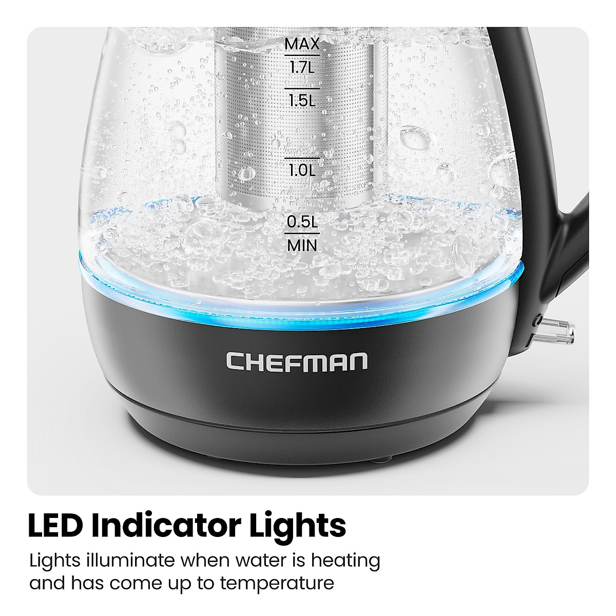 Chefman Electric Kettle with Tea Infuser, 1.7L 1500W, Removable Lid for Easy Cleaning, Boil-Dry Protection, Stainless Steel Filter, BPA Free, Auto Shut Off Hot Water Boiler, Glass Electric Tea Kettle